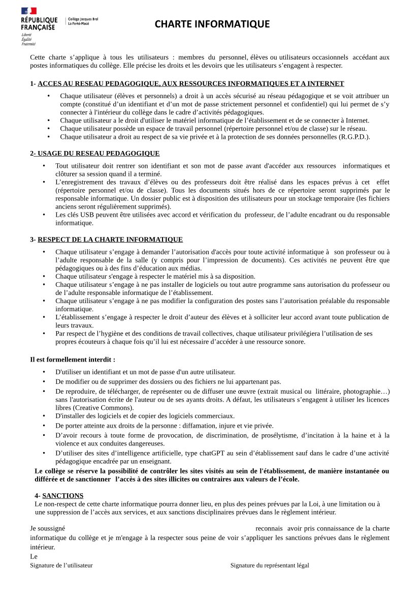 La charte informatique - Collège Jacques Brel